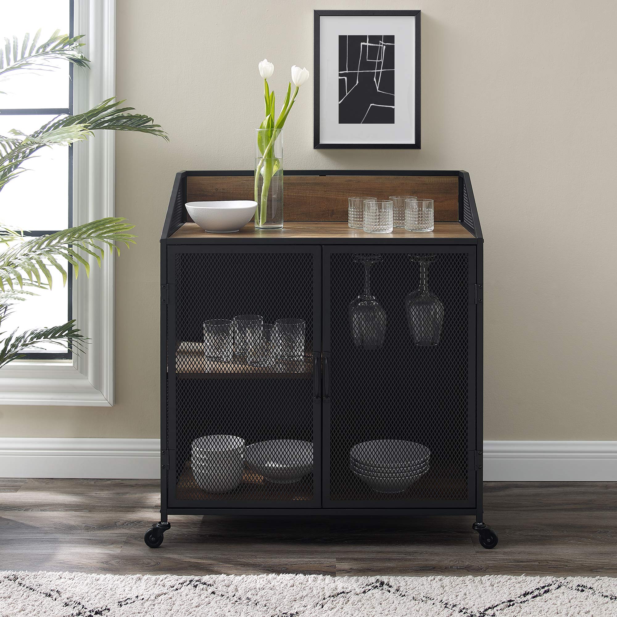 Walker Edison Malcomb Industrial Metal Mesh 2 Door Storage Cabinet , 30 Inch, Rustic Oak