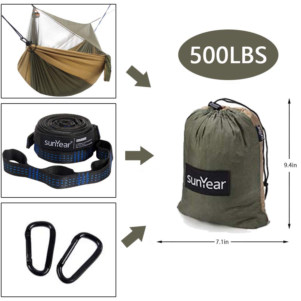 Sunyear Hammock Camping with Net/Netting, Portable Camping Hammock Double Tree Hammock Outdoor Indoor Backpacking Travel & Survival, 2 Tree Straps (16+1 Loops Each, 20Ft Total)