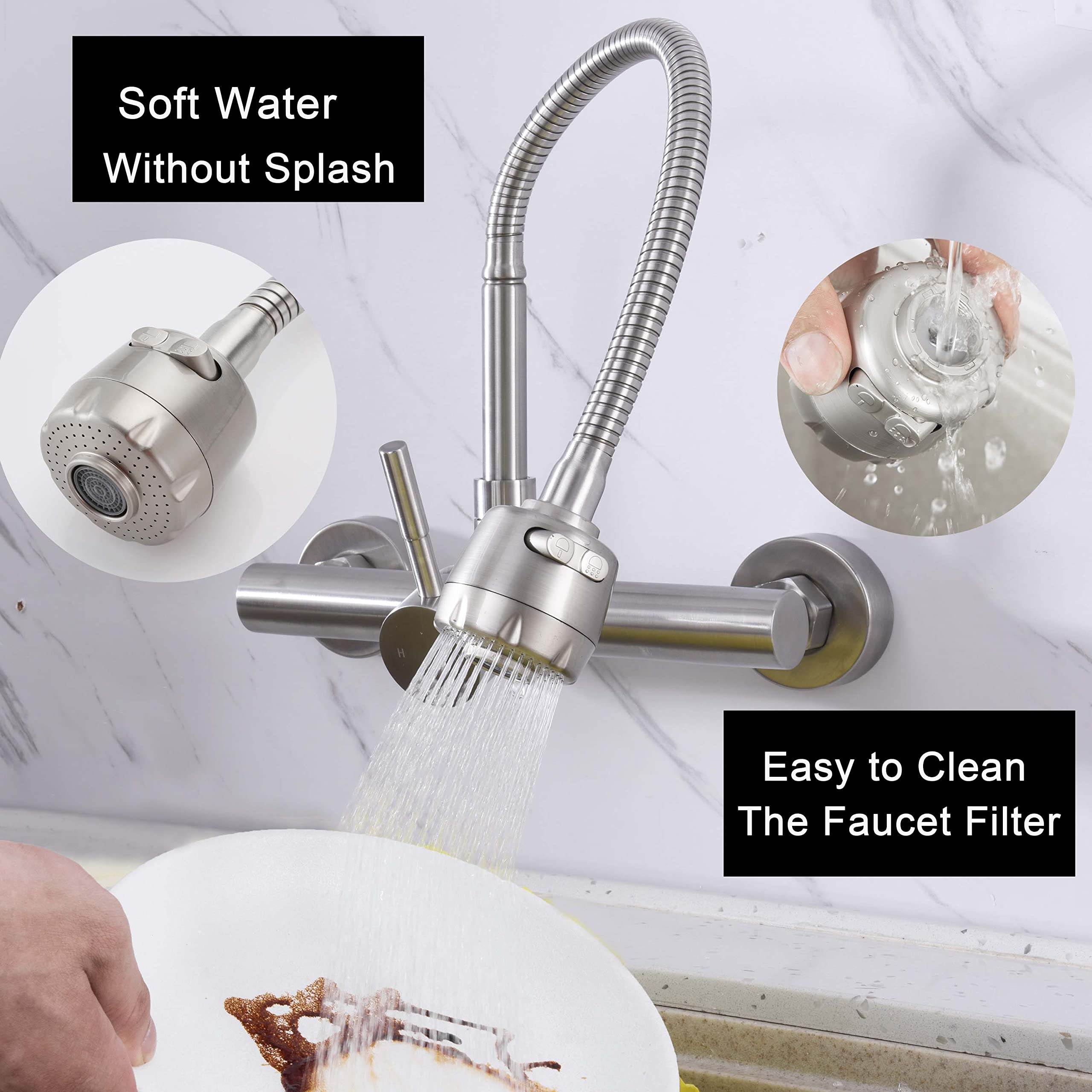 Wall Mount Kitchen Faucet One Handle 8" inch Center Commercial Sink Faucet with Stainless Steel Constructed Brushed Nickel Finish Commercial Kitchen Sink Faucet