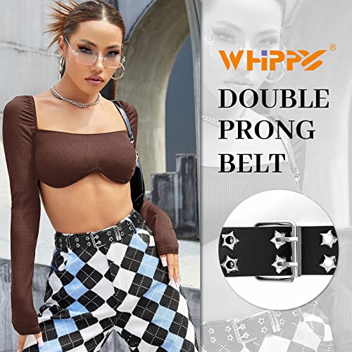 WHIPPY Double Grommet Belt for Women Men PU Leather Double Prong Buckle Vintage Punk Rock Jeans Belts (Black, XL)