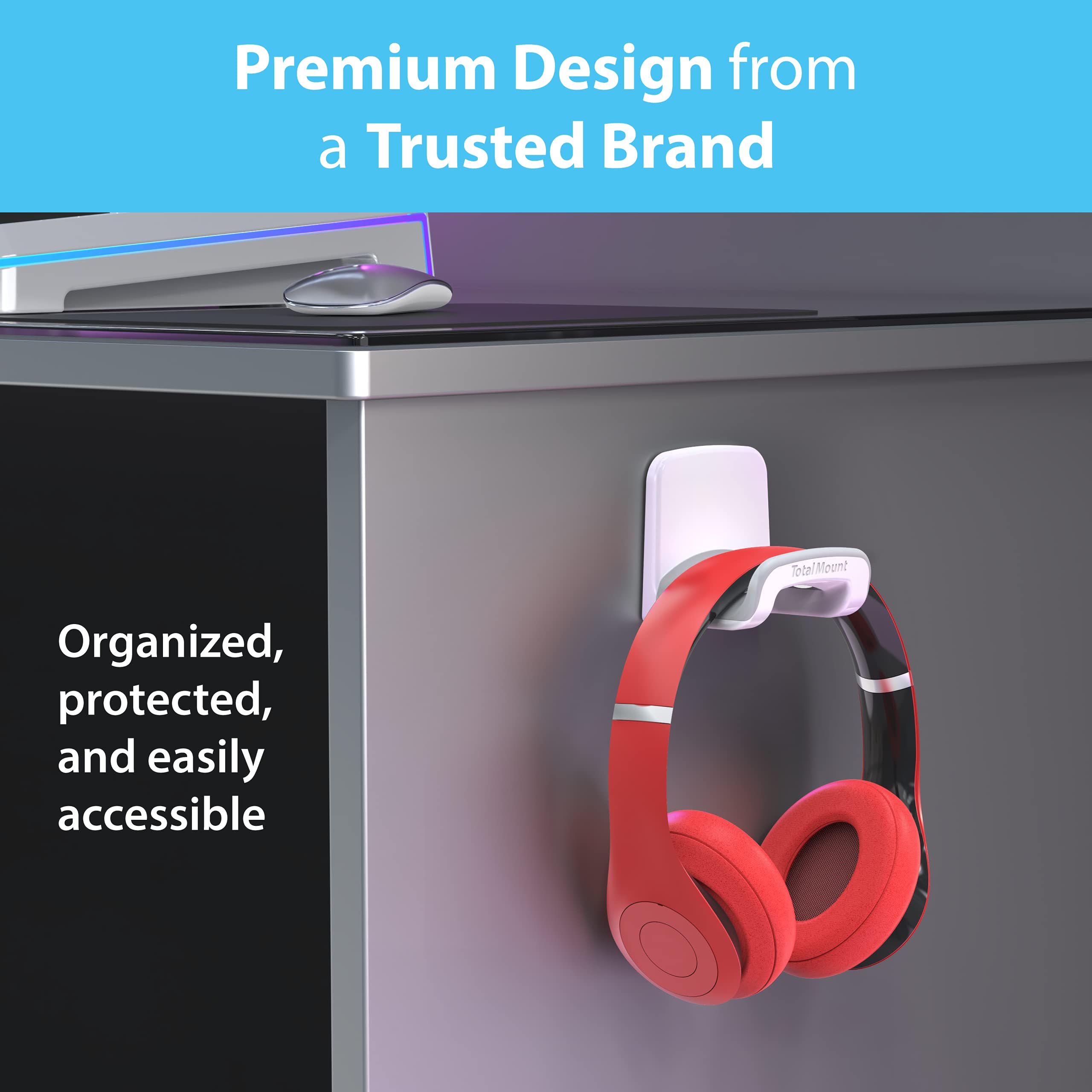 TotalMount Headphone Holder – Hanger Won’t Damage Your Wall with Screws or Permanent Adhesive (Studio-Grade White – One Pack)