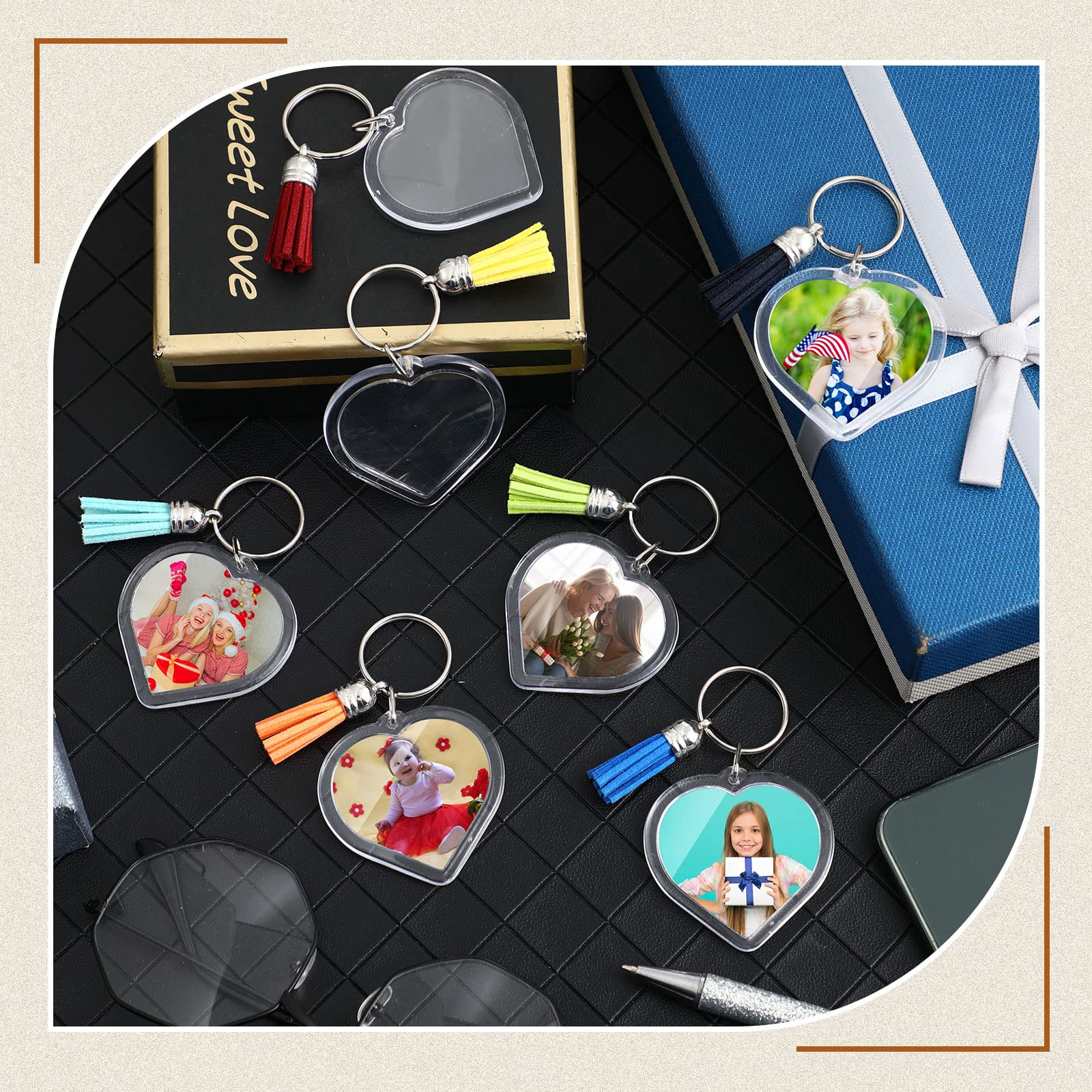 Yaomiao 50 Sets Acrylic Photo Frame Keychain with Tassels, Snap-In Custom Insert Photo Keyring Clear Blank Picture Keyring (Heart)
