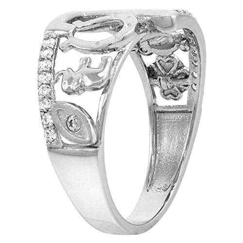 Sterling Silver Micropave CZ Lucky 7 Ring for Women with Good Luck Charms Rhodium Finish 1/2 inch size 6