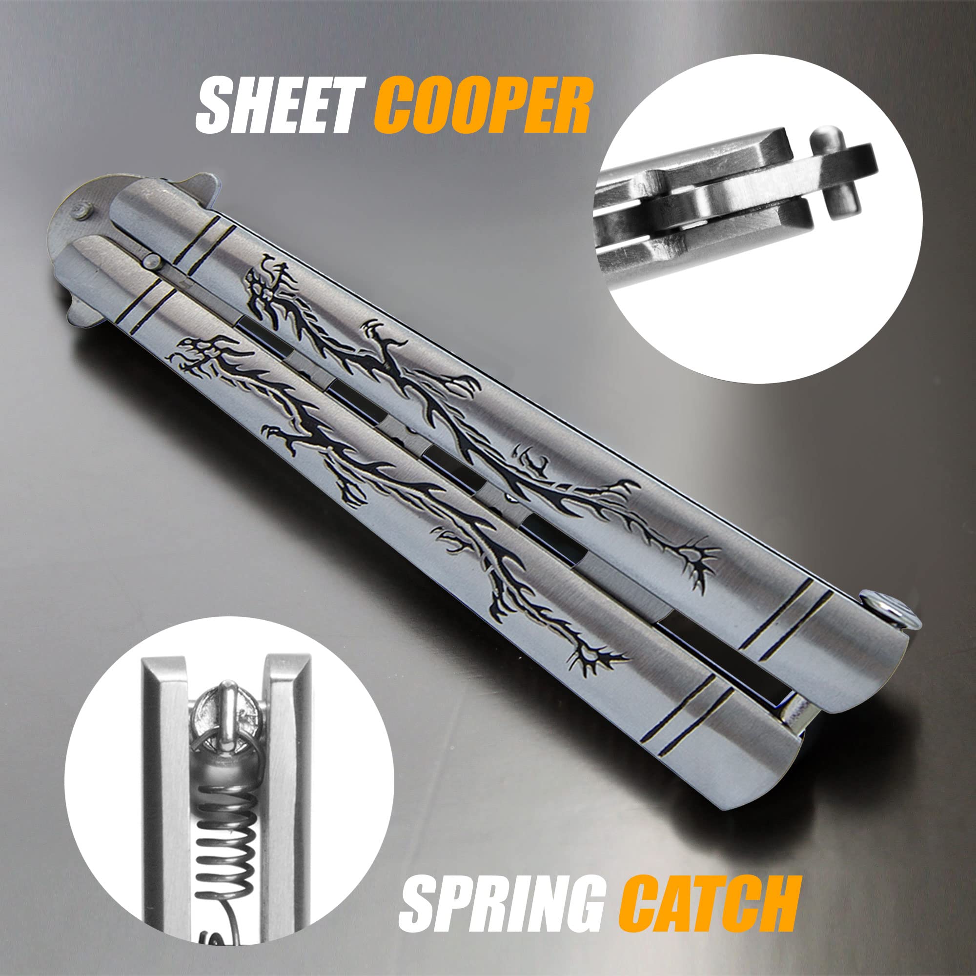 VORNNEX Practice Butterfly knife Trainer with Sure Spring Latch, Full Stainless Steel Black Dull Balisong, Unsharpened Butterfly knives Comb for CSGO Training(Silver)