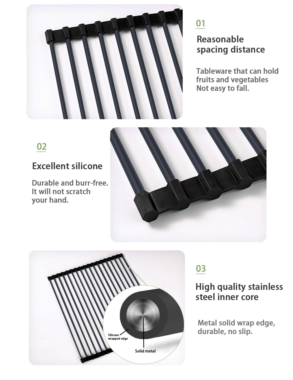 VICEAXY Roll-Up Dish Drying Rack 17” x 13”, Stainless Steel with Silicone Wrapped Drainer Rack, Foldable Sink Rack Mat for Kitchen Dishes, Cups, Fruits, Vegetables (M, Black)