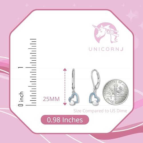 Sterling Silver 925 Tilted Heart Outline Dangle Leverback Earrings with Pavé CZ Blue