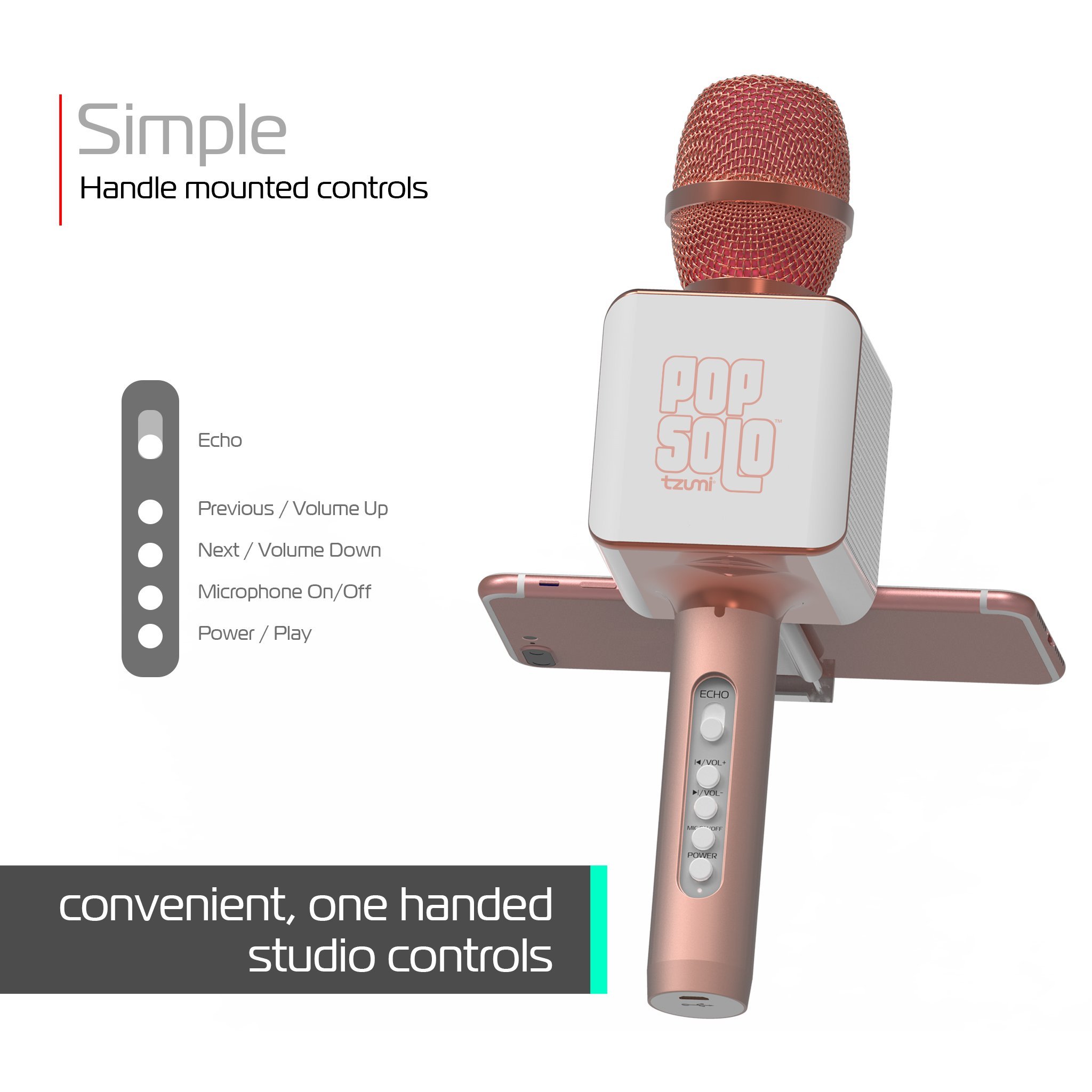 Tzumi PopSolo Professional Bluetooth Karaoke Microphone and Voice Mixer with Smartphone Holder β Great for Kids and Parties β Rose Gold