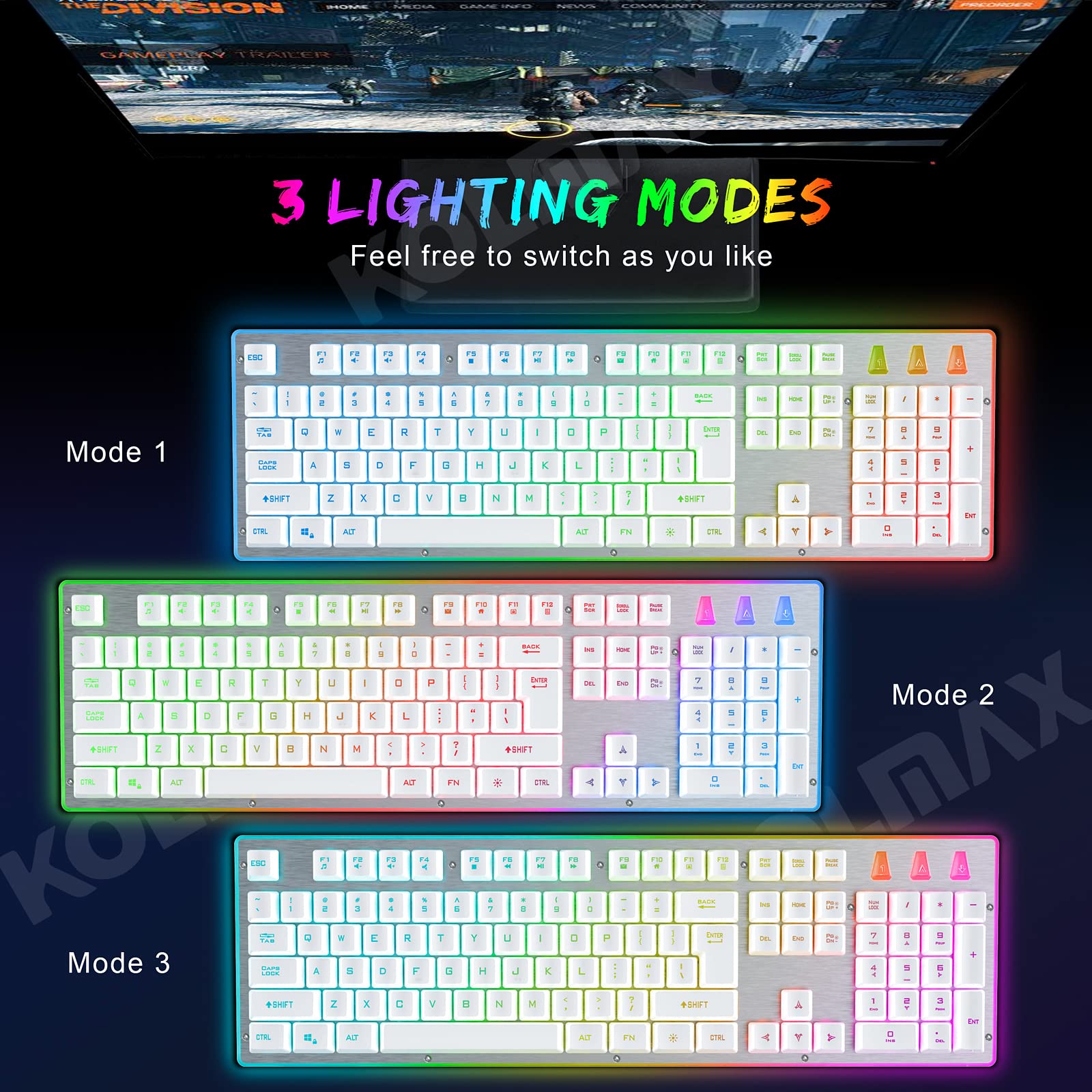 White Gaming Keyboard Colorful Rainbow Backlit Keyboard with Ergonomic Detachable Wrist Rest,Transparent Aluminum Panel Keyboard with Mechanical Feeling 104 Keys for PC PS4 Xbox Mac Office/Gaming