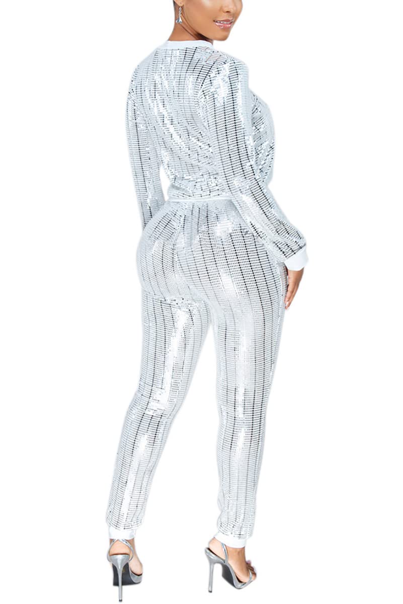 WOKANSE Women's Sequin Glitter Long Sleeve Sweatshirts and Skinny Long Pants Two Piece Outfits White M