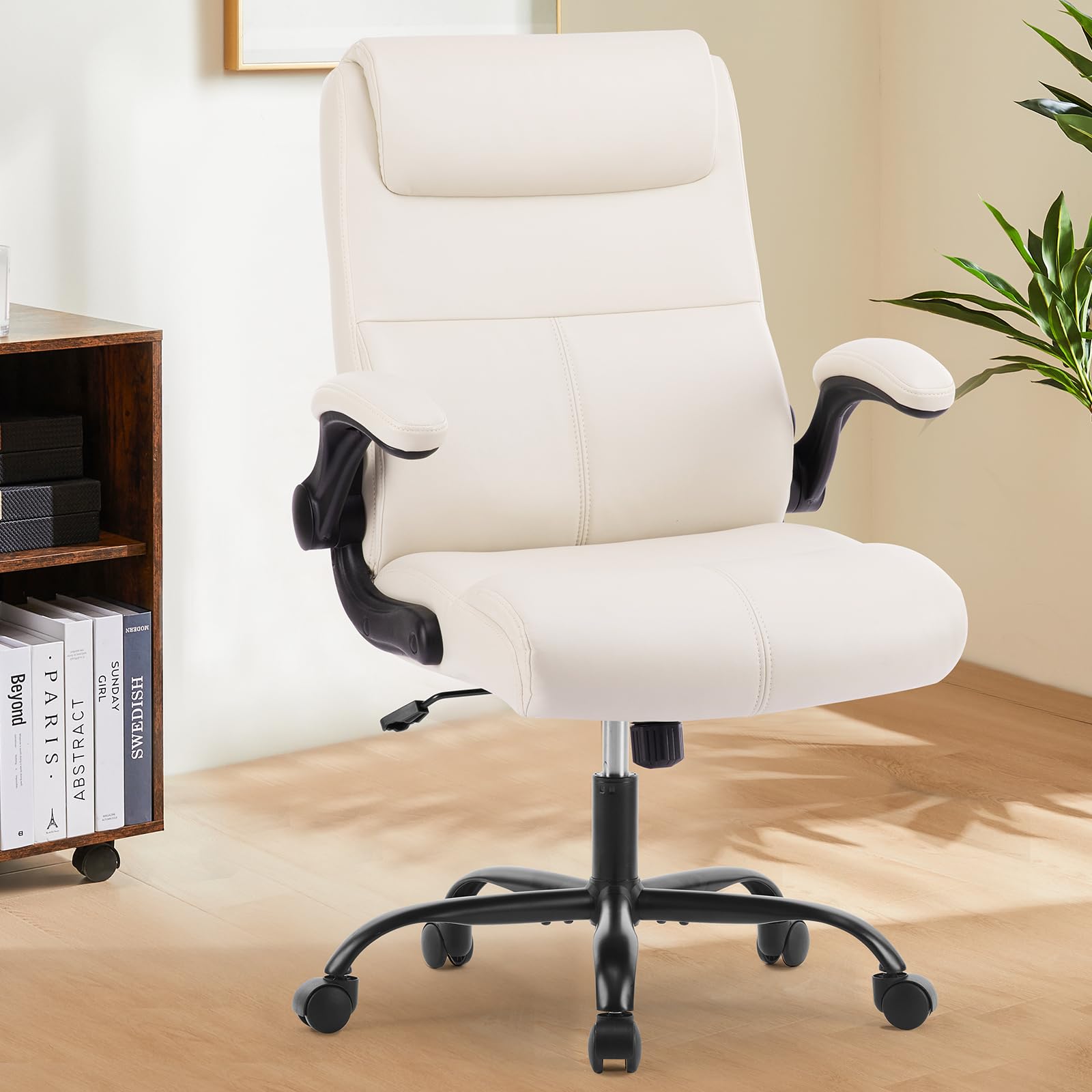 Sweetcrispy Executive Office Chair Beige White Desk Chair with Wheels Height Adjustable PU Leather Office Chair Flip Up Arms Mid Back Computer Chair with Lumbar Support