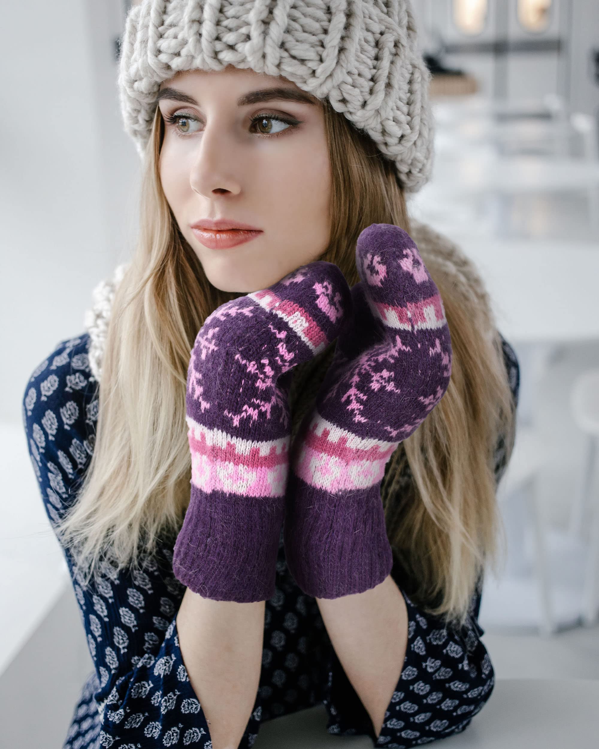 Verabella Womens Mittens Cold WeatherFair Isle Knit Sherpa Lined Winter Mittens,2 Pairs,L Grey/Purple