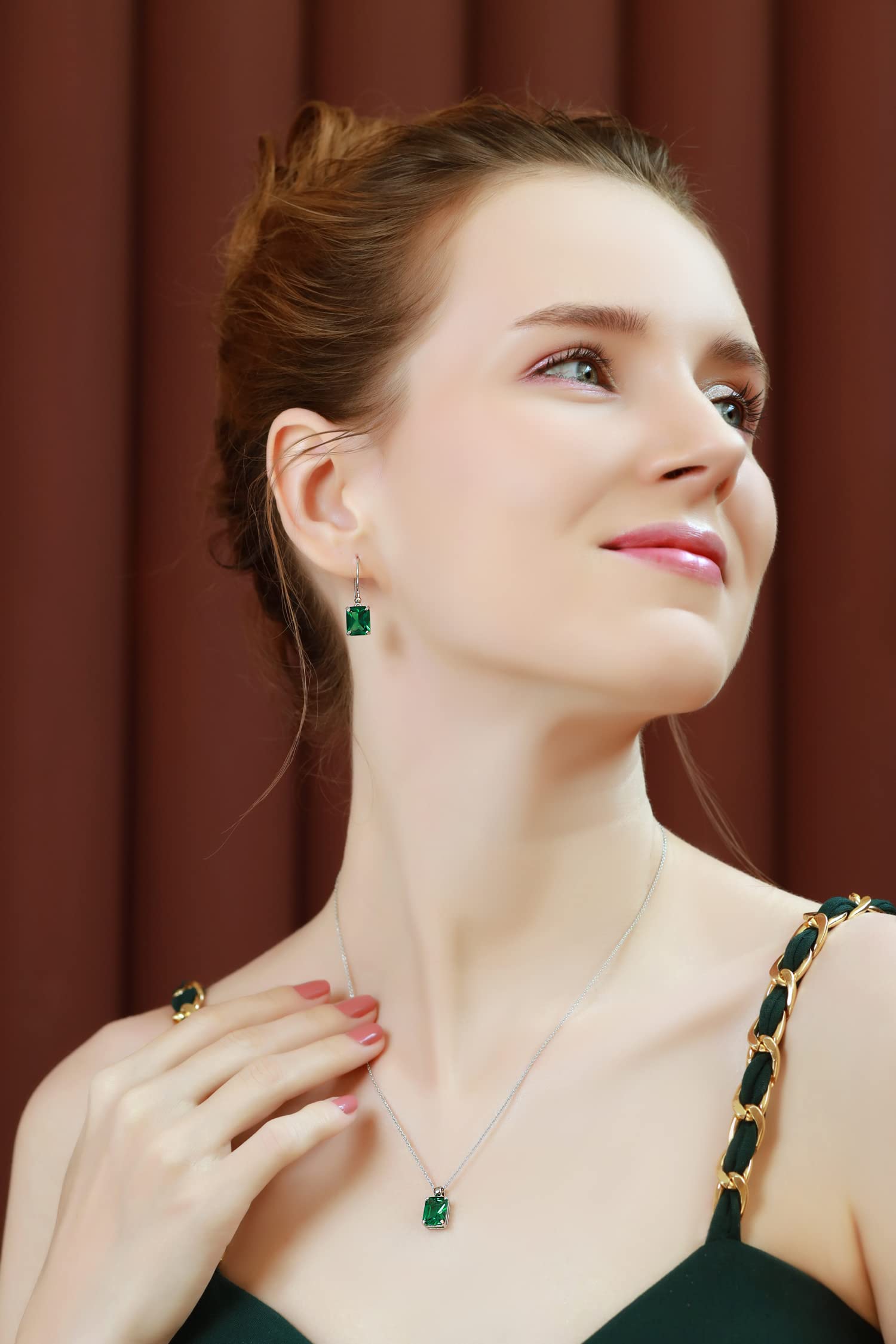 Sterling Silver Simulated Emerald Octagon-Cut Solitaire Drop Dangle Earrings for Women