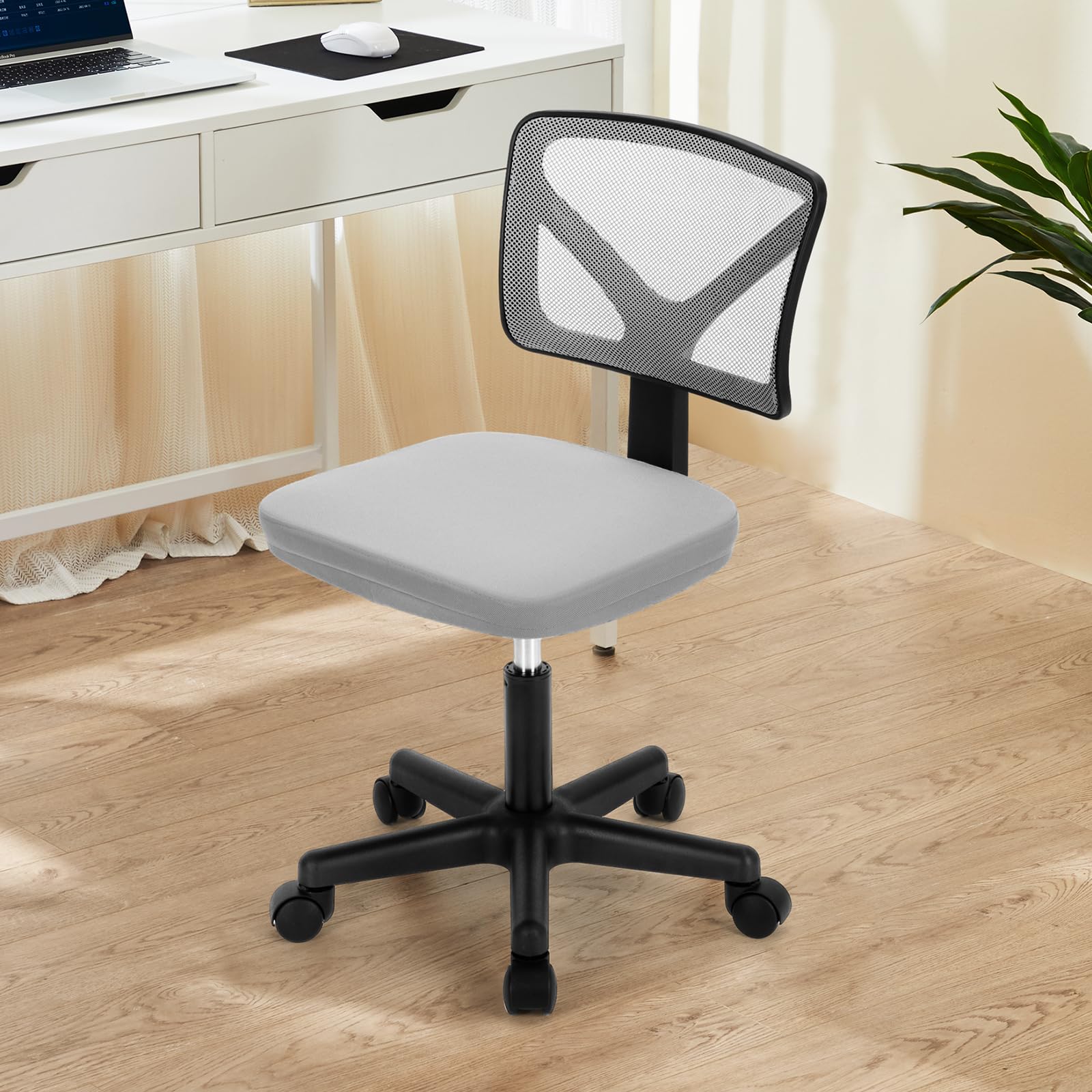 Sweetcrispy Small Office Computer Desk Chair with Armless Low Back Lumbar Support and Adjustable Height 360° Rolling Swivel Wheels without Arm for Small Space, Bedroom, Student