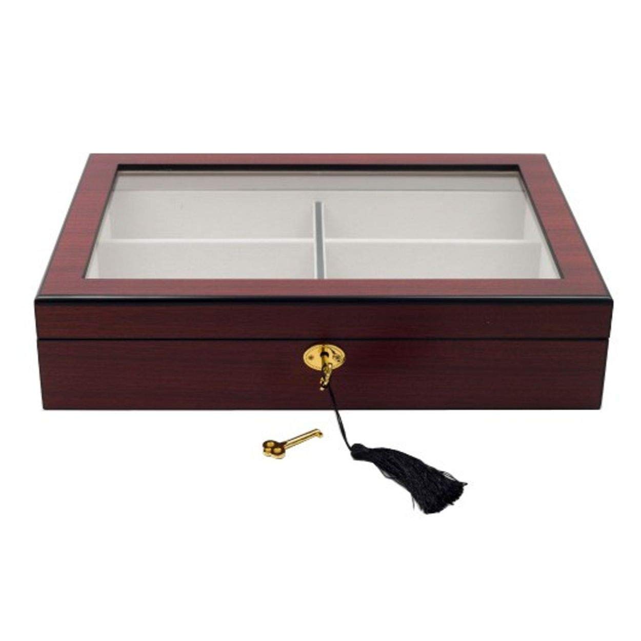 TIMELYBUYS 12 Piece Large Cherry Wood Eyeglass Sunglass Two Level Glasses Display Case with Drawer Storage Box