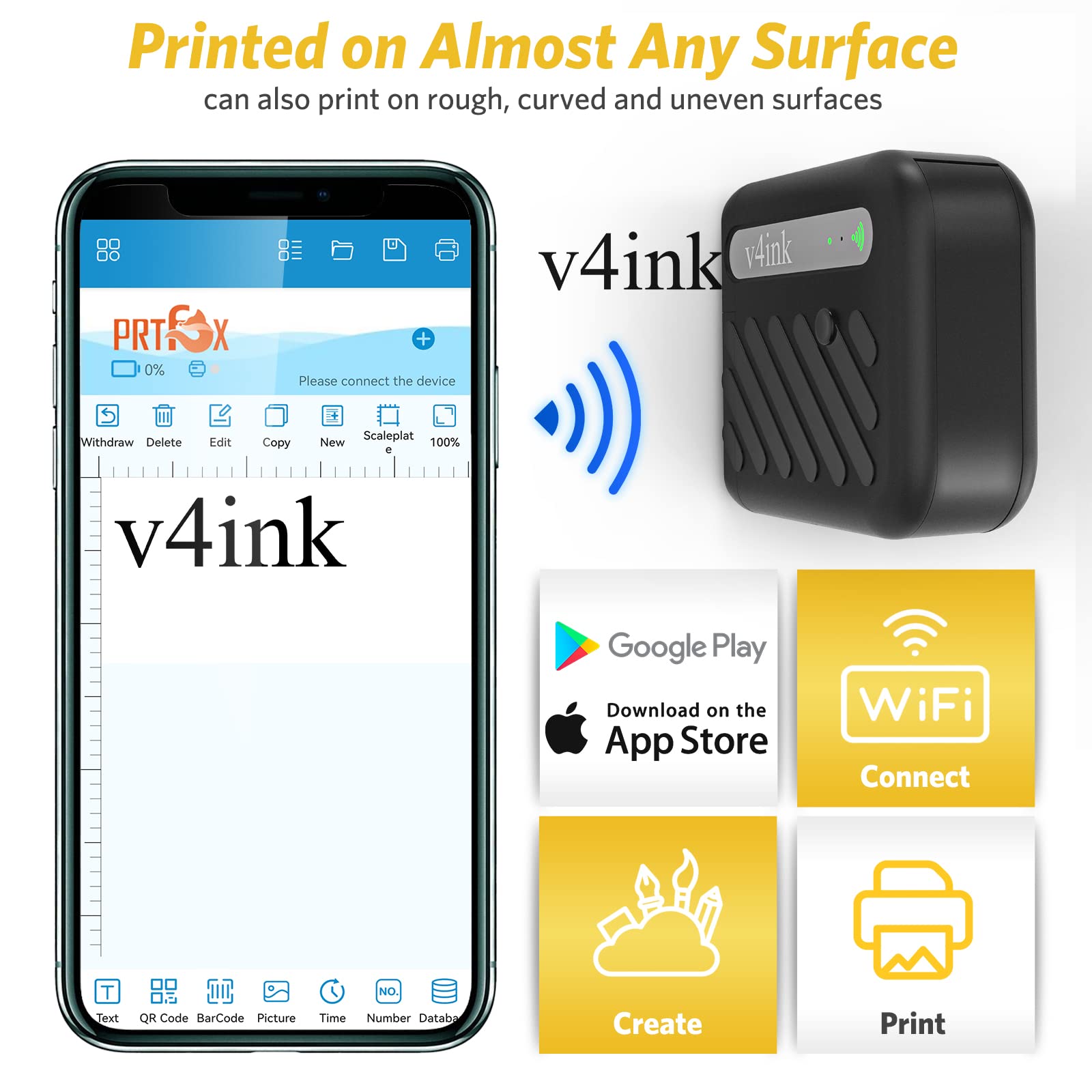 v4ink B10 Mini Handheld Printer Portable Mobile Wireless WiFi Connect with iOS/Android APP 0.09-0.5 inch Height QR-Code Picture Date DIY Logo Number Text Batch Series on All Materials
