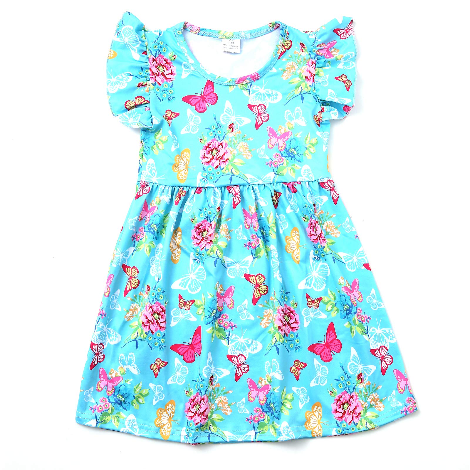 Toddler Girls Green Butterfly Pattern Dresses Ruffle Bottom Flutter Sleeve Summer Apparel 3-4T