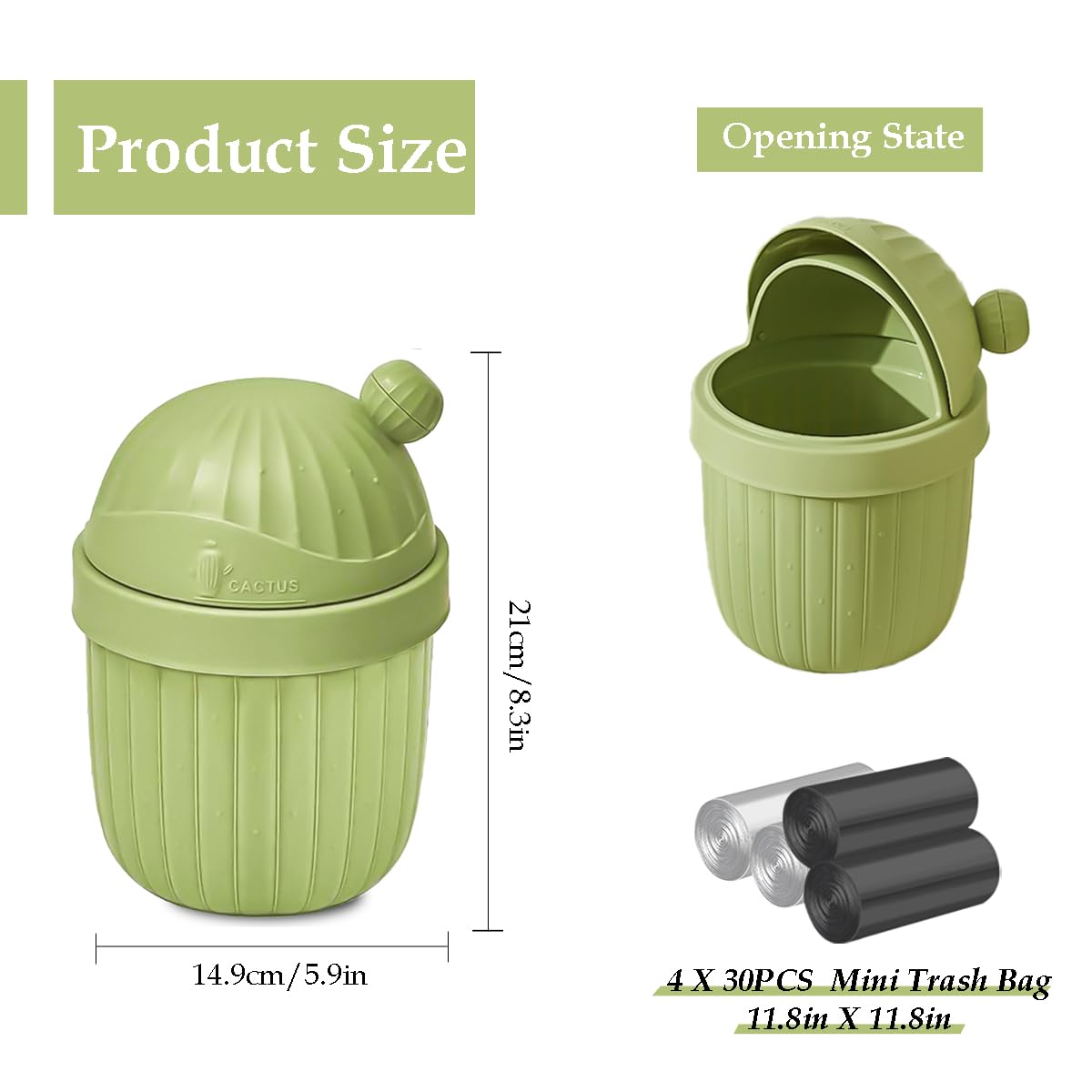 Ujk-TyLun Cute Desktop Trash Can Wastebasket and 120 Trash Bags, Mini Cactus Garbage Can with Flip Lid, Tiny Plastic Storage Bin for Countertop Table, Office, Kids Bedroom, 15 * 15 * 21cm (Green)