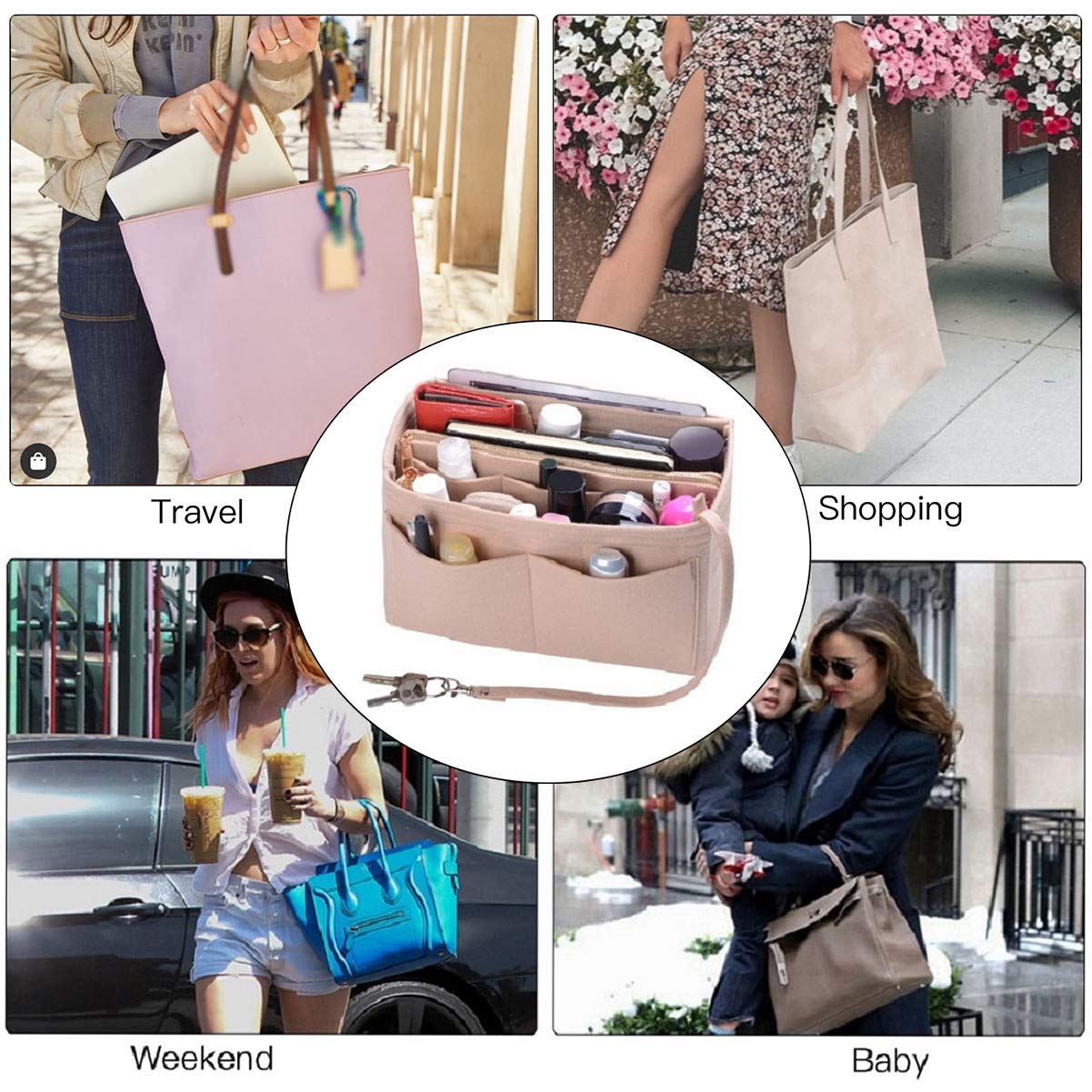 ZTUJO Purse Organizer Insert, Felt Bag Organizer with Metal Zipper, Handbag & Tote Shaper, For Speedy Neverfull Tote, 7 Sizes (Medium, Beige)
