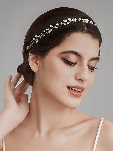 SWEETV Leaf Wedding Headpieces for Bride Opal Bridal Headband with Crystal Women Handmade Wedding Hair Accessories