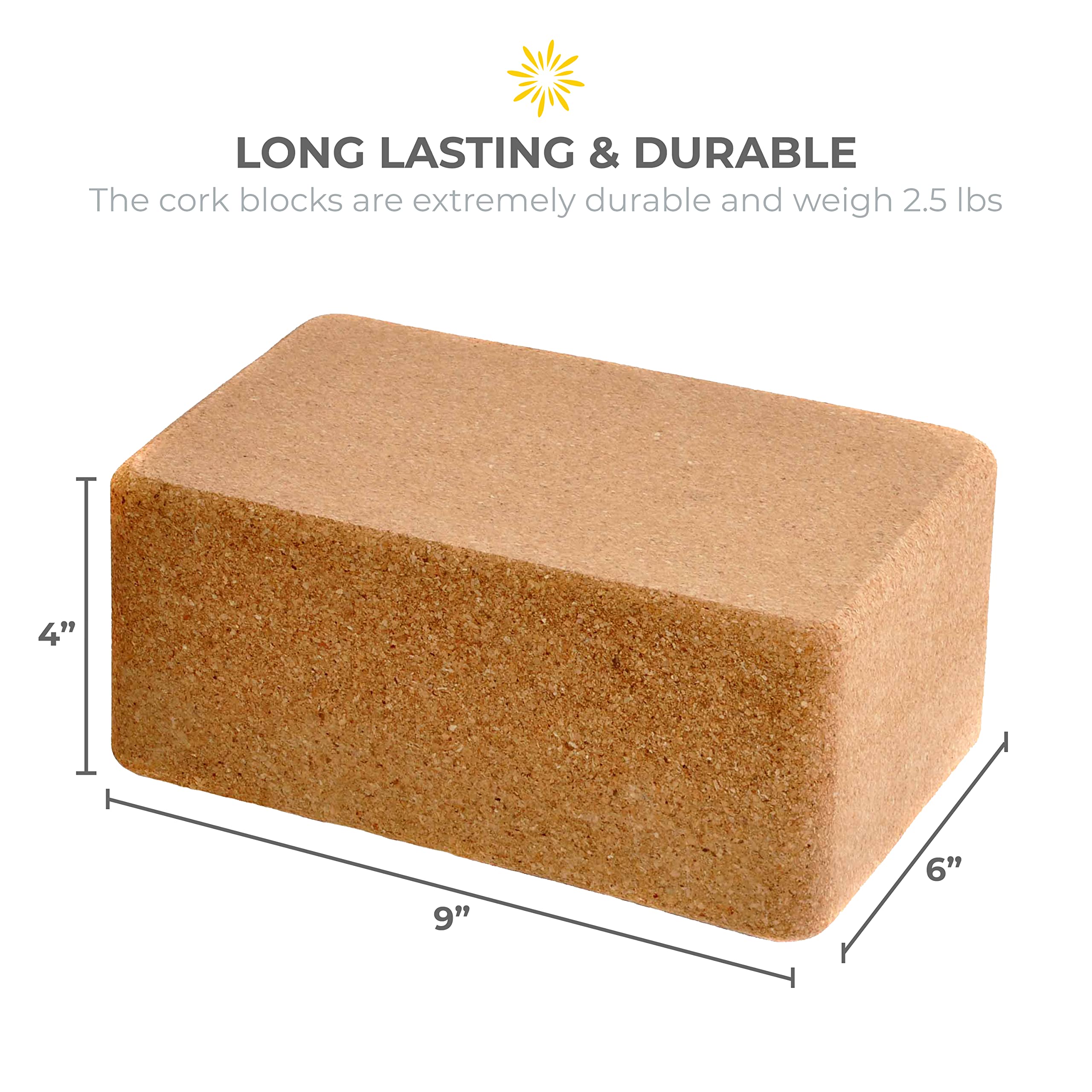 Sunshine Yoga 4" Cork Yoga Block, 6 Pack Bulk Yoga Blocks, Firm and Supportive Yoga Brick for Stretching, Pilates, and Workout, Balance Exercise Block for Schools and Studios, 4" x 6" x 9"