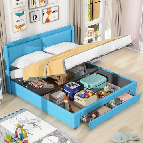 WOXYX Queen Size Platform Bed,Storage Upholstered Hydraulic Beds Frame with 2 Drawers,Blue