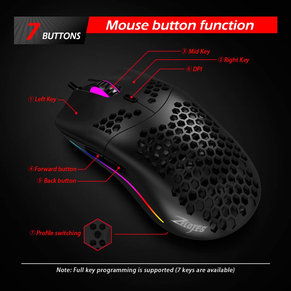 ZLOT Honeycomb Shell Gaming Mouse,65g Lightweight,3389 Gaming Sensor, Max-16000 DPI,50G Acceleration,400 IPS,2020 Edition Programmable and On-Board Memory Laser Gaming Mouse,Black