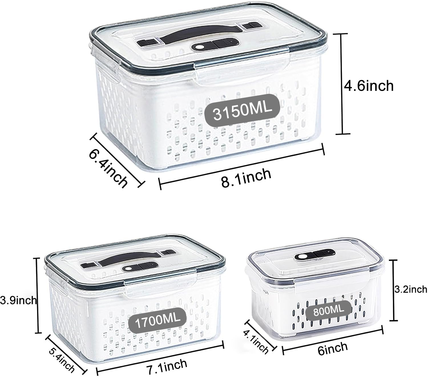 Ronanemon 3Pack Fridge Food Storage Container Set with Lids with Strainer,Plastic Fresh Produce Saver Vegetable Fruit Meat Storage Organization, BPA-Free Plastic Produce Keepers(3.15L+1.7L+0.8L)