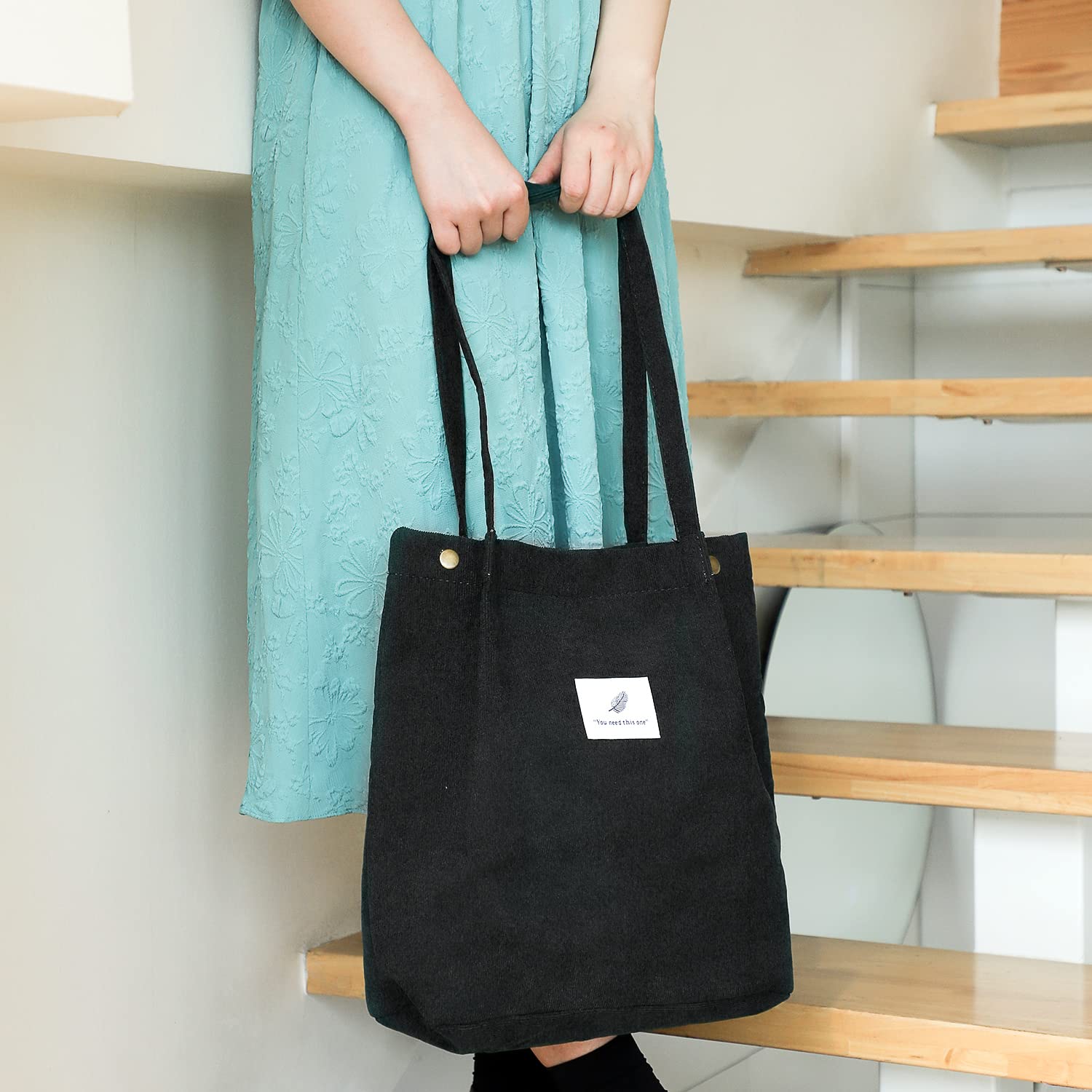 WantGor Corduroy Totes Bag Women's Shoulder Handbags Small Shopping Bag (Black)