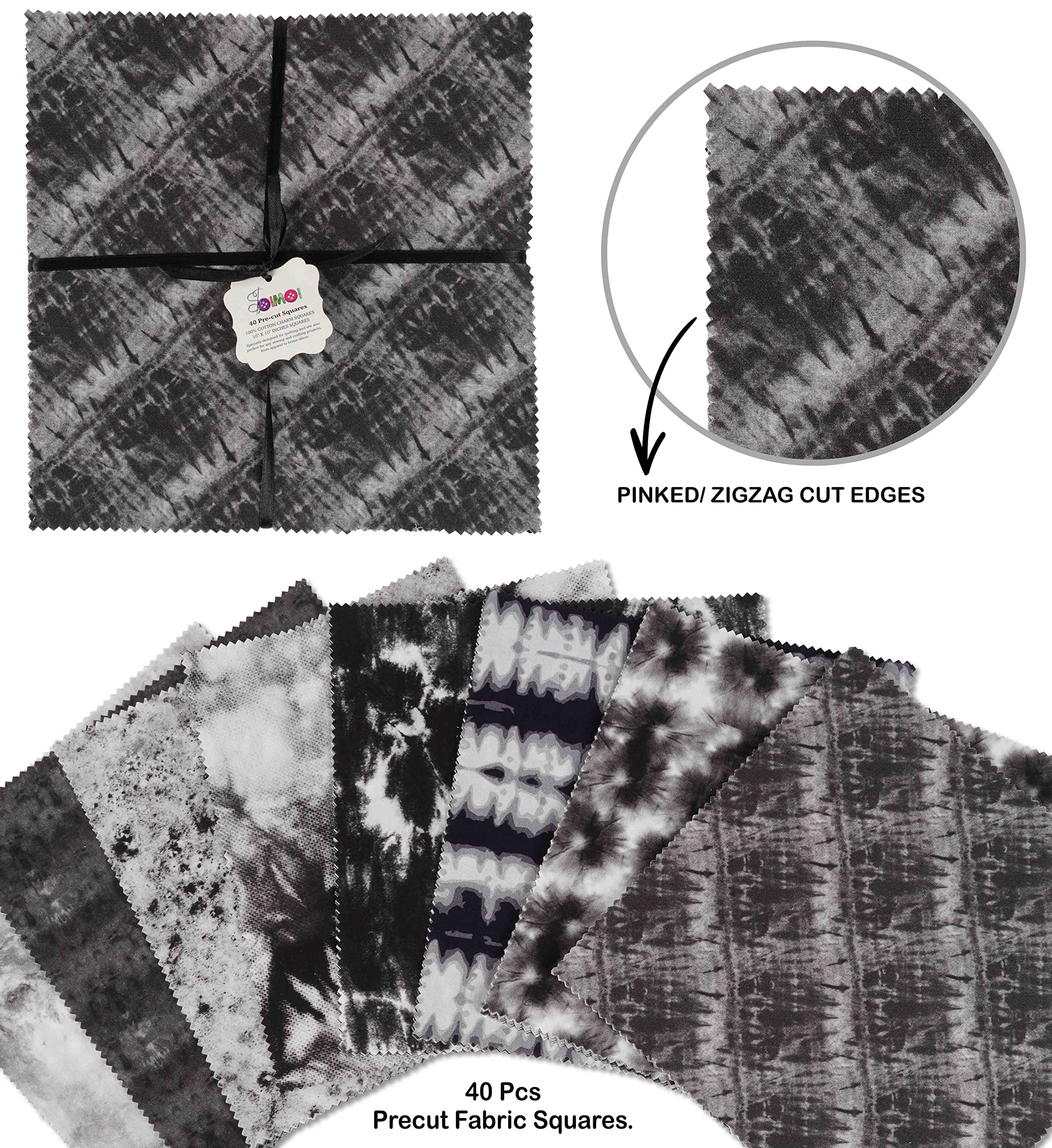 Soimoi Precut 10-inch Chihuahua & Dot Prints Cotton Fabric Bundle Quilting Squares Charm Pack DIY Patchwork Sewing Craft- Black