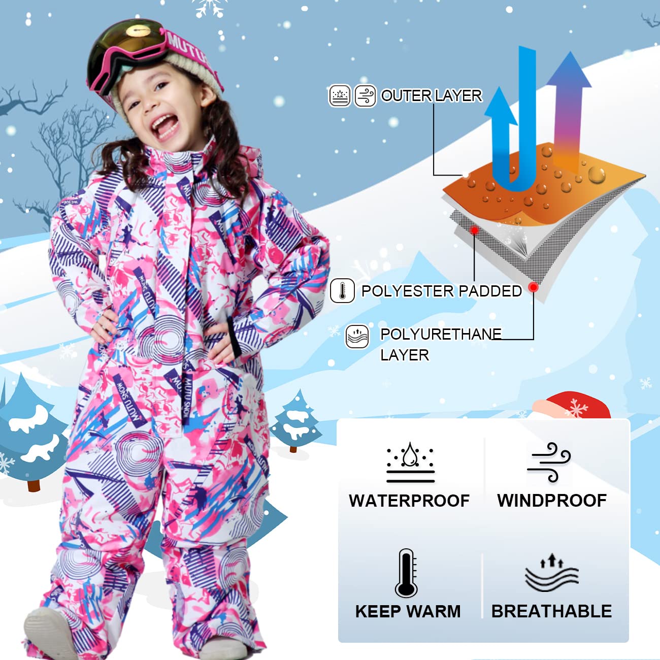 YEEFINE Girl's Snowsuit One Piece Ski Suits Jackets Waterproof Winter Warm Jumpsuits Snowboard Coats for Kids