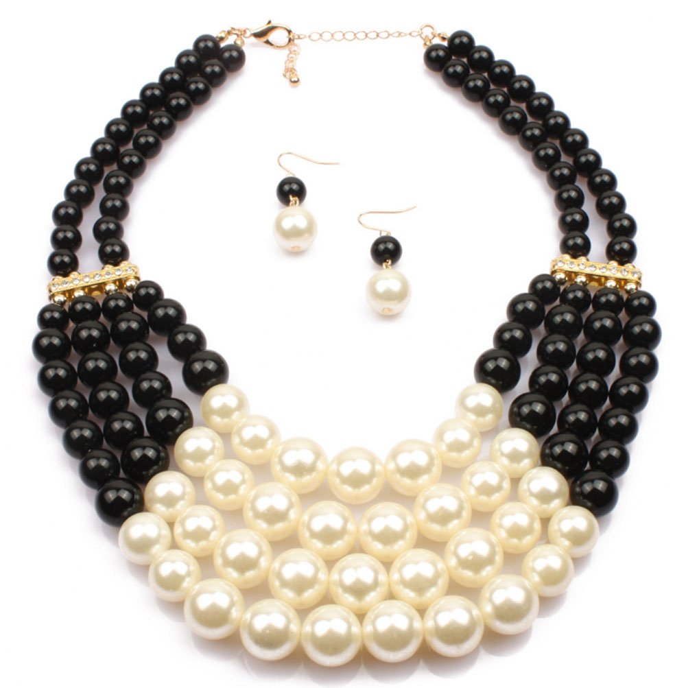 Shineland Elegant Handmade Multilayer Faux Pearl Bead Cluster Collar Bib Choker Necklace and Earrings Suit (Orange)