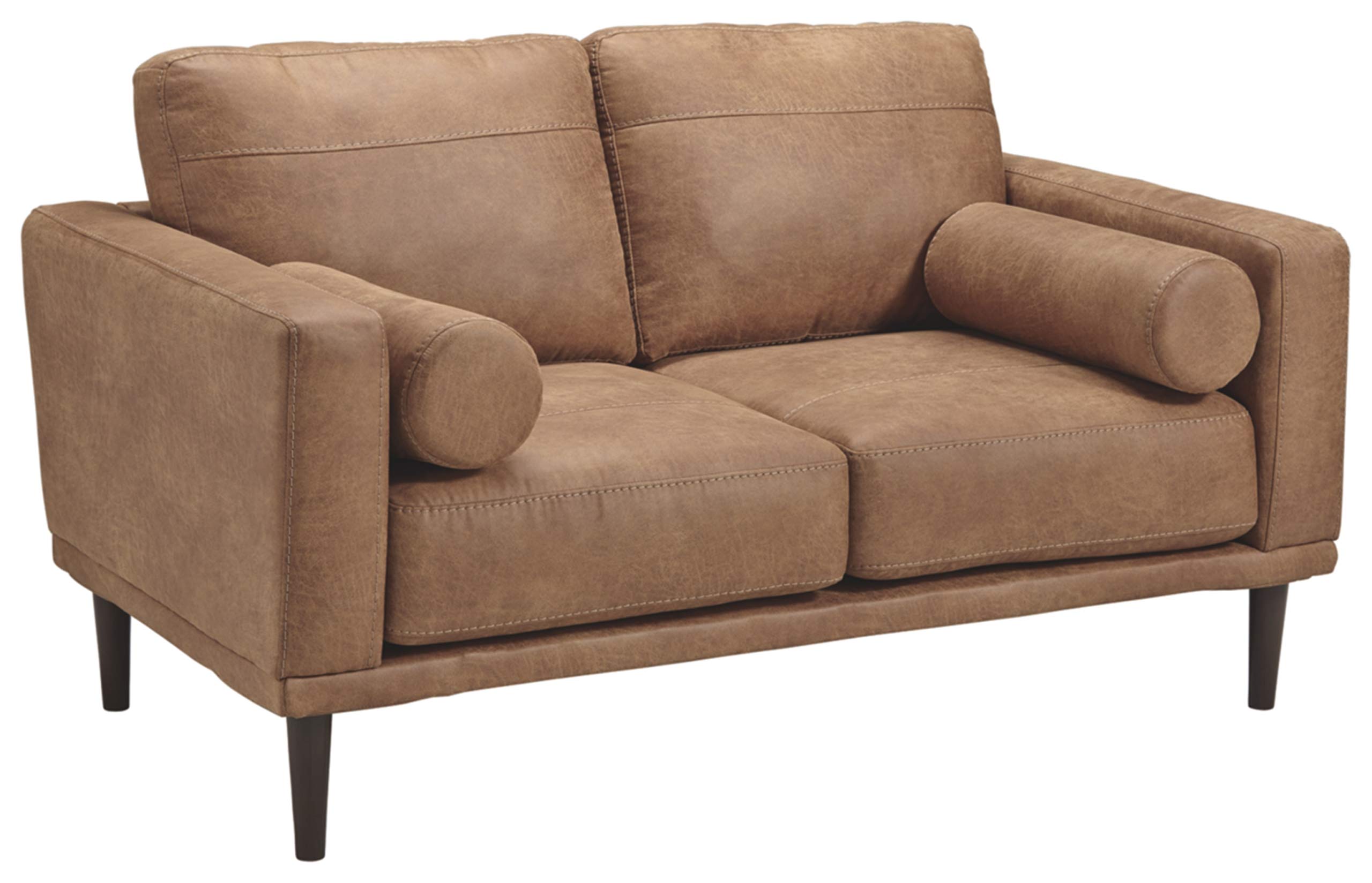 Signature Design by Ashley Arroyo Mid Century Modern Faux Leather Loveseat, Caramel Brown