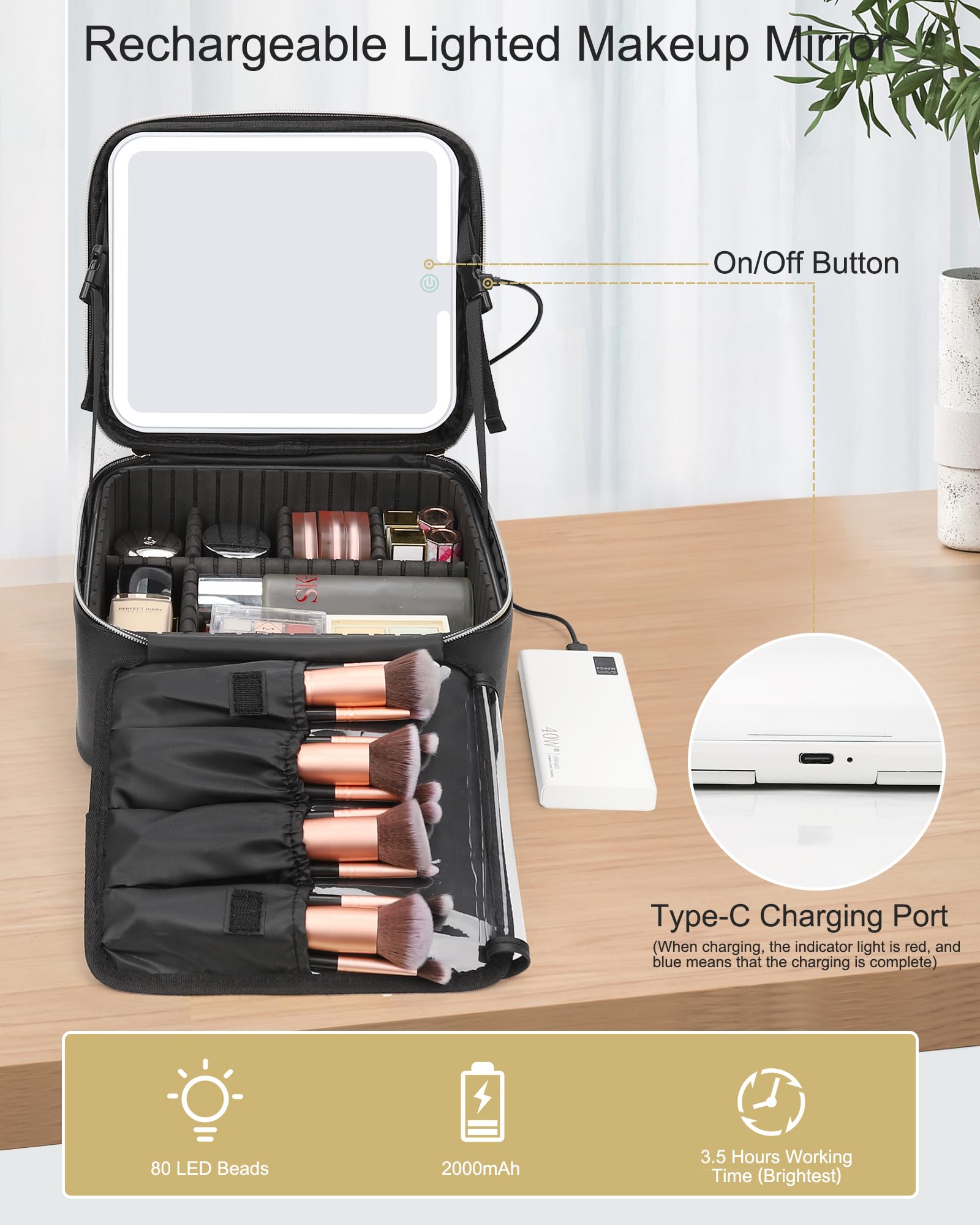 Relavel Makeup Organizer Bag, Makeup Case Leather Travel Makeup Bag 2 Layers Train Case Large Cosmetic Case Portable with Adjustable Dividers Makeup Brushes Holder Storage Box (Small Black)