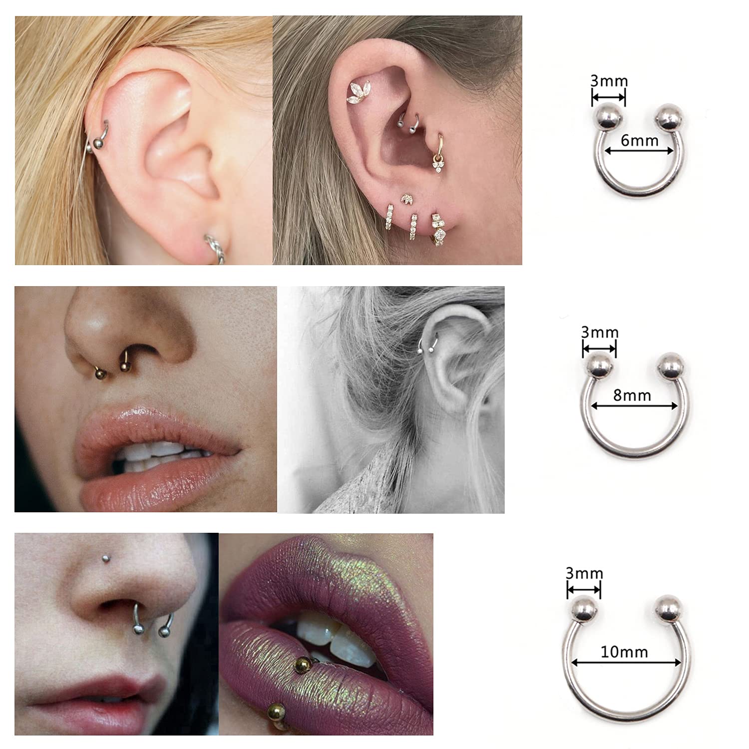 WARRIOR Piercing Horseshoe Surgical Steel 316L Circular/Curved Barbell 8 mm for Septum Earring Nose Body Piercing 16G(1.2mm) with Two 3mm Balls PYS-001