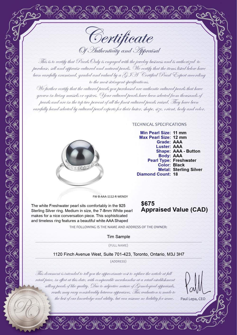 Wendy Black 11-12mm AAA Quality Freshwater 925 Sterling Silver Cultured Pearl Ring For Women - Size-6