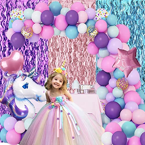 Wavy Tinsel Foil Fringe Curtains 3 Pack Photo Backdrop for Mermaid Birthday Party Decorations(3.2 ft x 6.6 ft,Teal Blue,Pink,Purple)