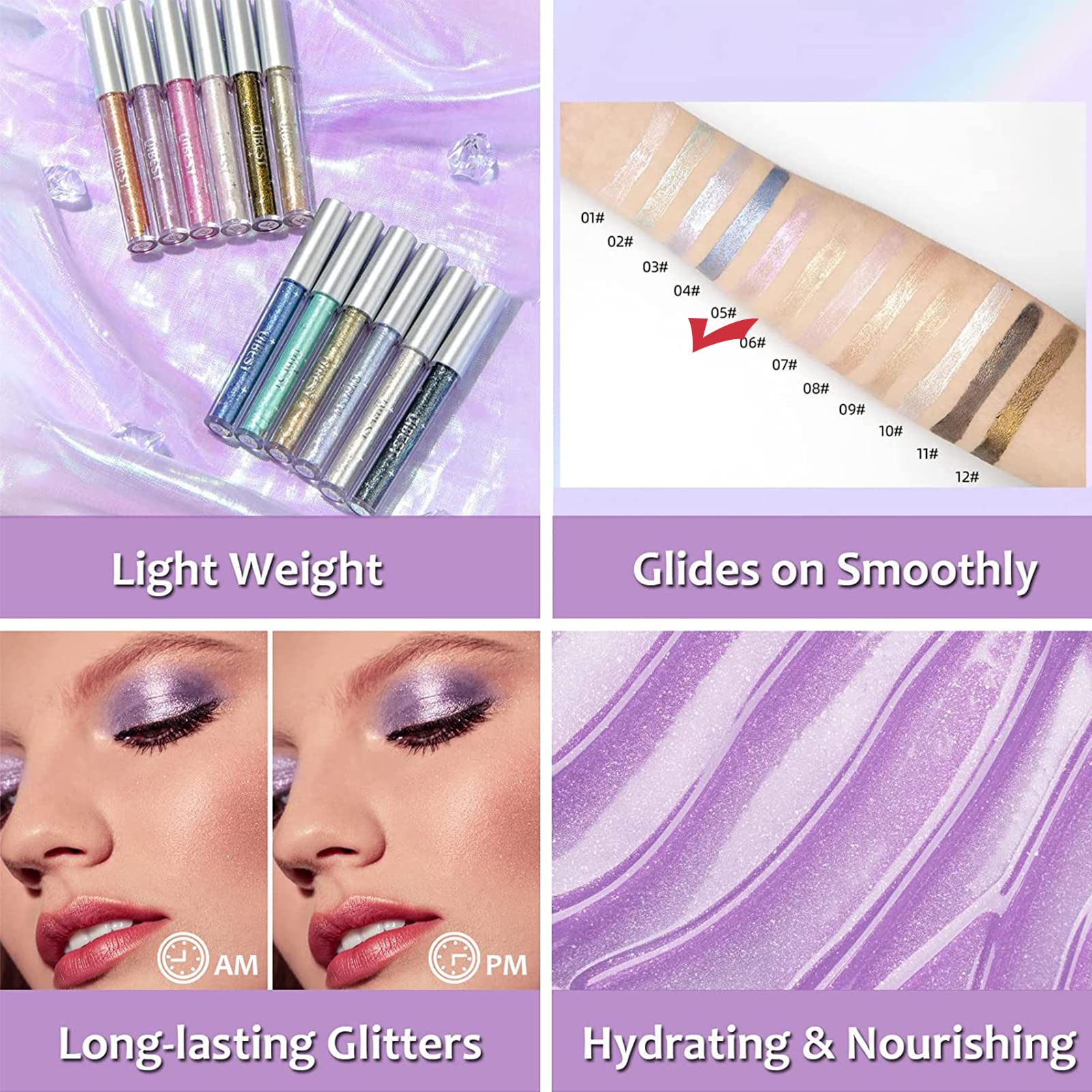 Rosarden Liquid Glitter Eyeshadow, Violet Liquid Eye Glitter, Purple Liquid Eyeshadow, Metallic Eyeshadow Makeup, Sparkling Eye Shadow Shimmer Glitter Highlighter, Quick Drying Long Lasting-Light Purple