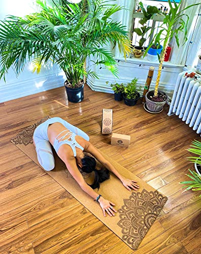 Yoga World Cork Mandala Yoga Mat - Non-Slip Surface & Anti-Skid TPE Underside - Strong Grip on Wet & Dry Surfaces - Soft Floor Cushion for Exercises - 183 x 61 x 0.4cm (Black)