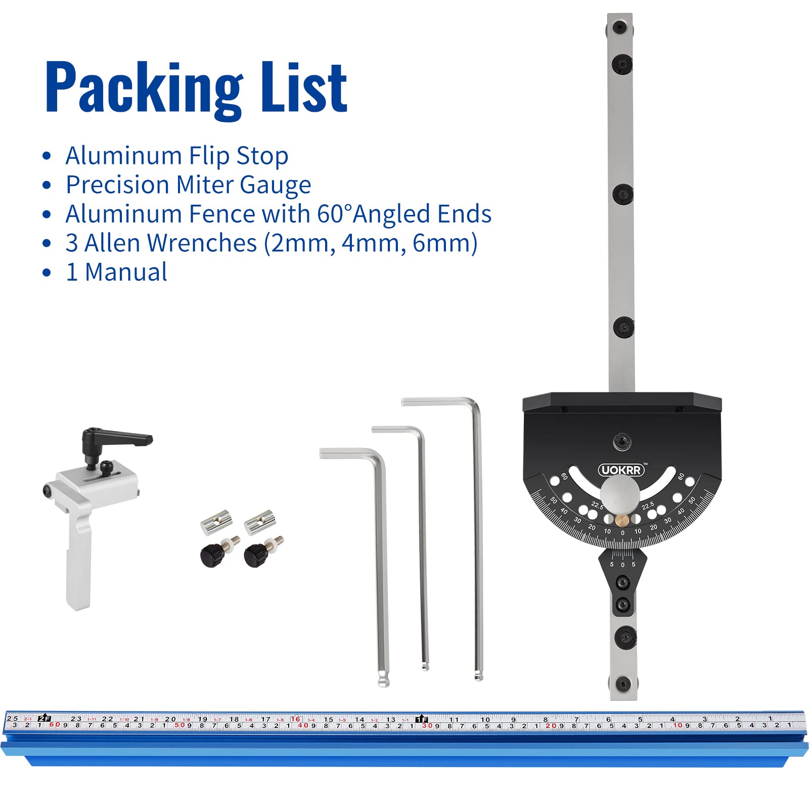 UOKRR Precision Miter Gauge for Table Saw 24" Aluminum Miter Fence Repetitive Cut Flip Stop 60° Angled Ends for Maximum Stock Support
