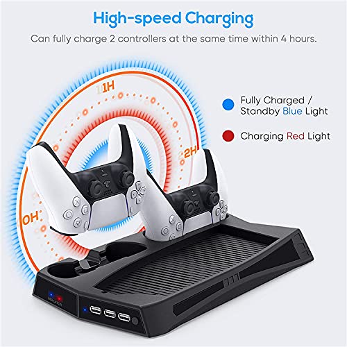 Vertical Stand with Cooling Fan for Playstation 5 Digital Edition/PS5 Ultra HD, 2 Dock Controller Charging Station for PS5 DualSense Controller, 3 USB Ports, Cooling System for PS5