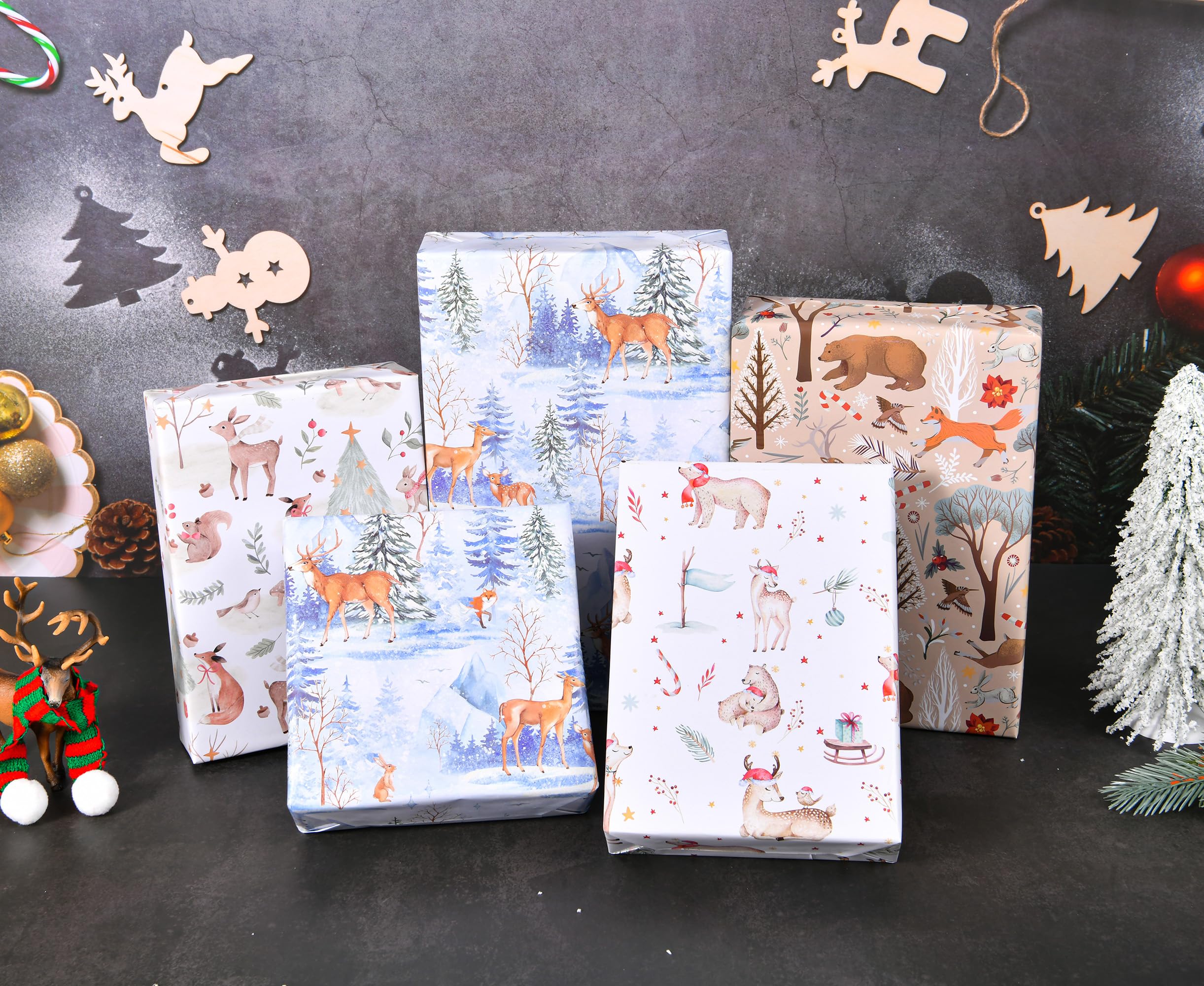 Titiweet Woodland Christmas Animal Gift Wrapping Paper - 12 Sheets with Bear, Deer, Rabbit, Fox, Squirrel and Reindeer, 20 x 28 Inches Per Sheet