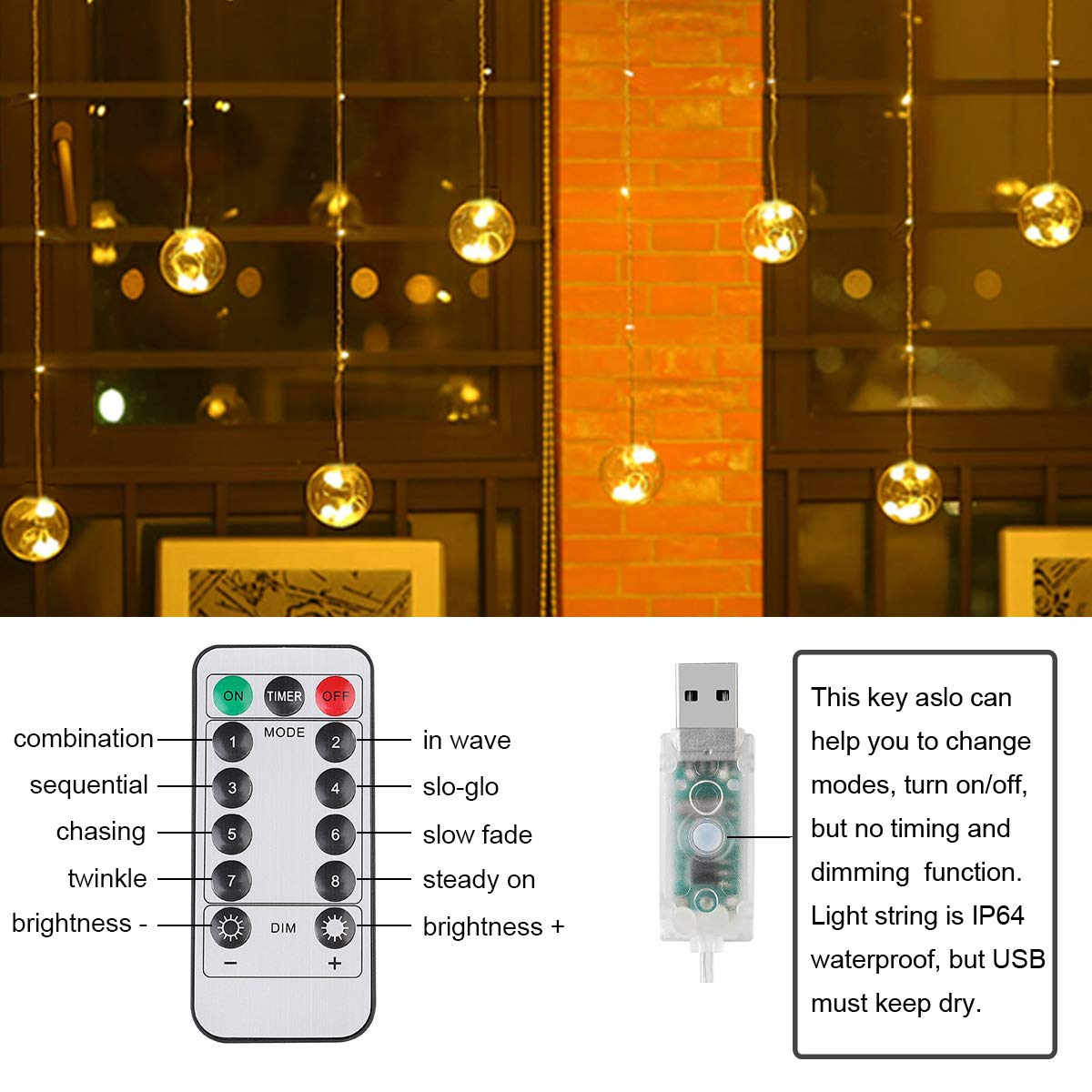 SUPERNIGHT LED Curtain Lights with Crystal Ball, Globe Window Twinkle Fairy String Light Waterproof for Patio,Lawn,Garden,Wedding,DIY Christmas Tree Decoration (9.8 x 9.8 ft,8 Modes,Warm White)