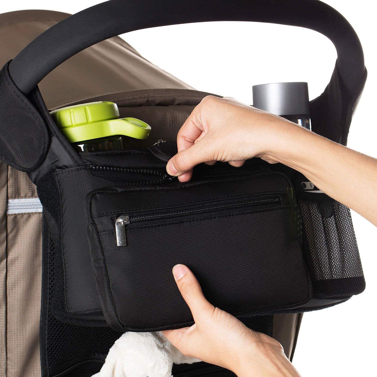 YEYUNTO STROLLER ORGANIZER with cup holders NON-SKID strap FITS ALL strollers, Compact Mirror, Storage for Phone, Wallet, Toys