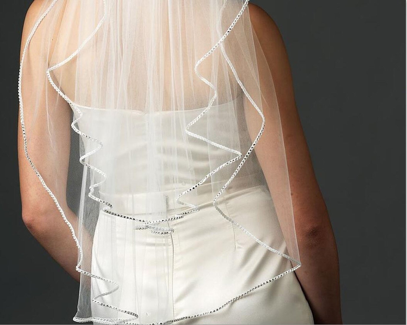 Top-Sexy Diamond White 2 Tiers 36"Fingertip Length Bling Diamonds Lined Wedding Bridal Veil 07