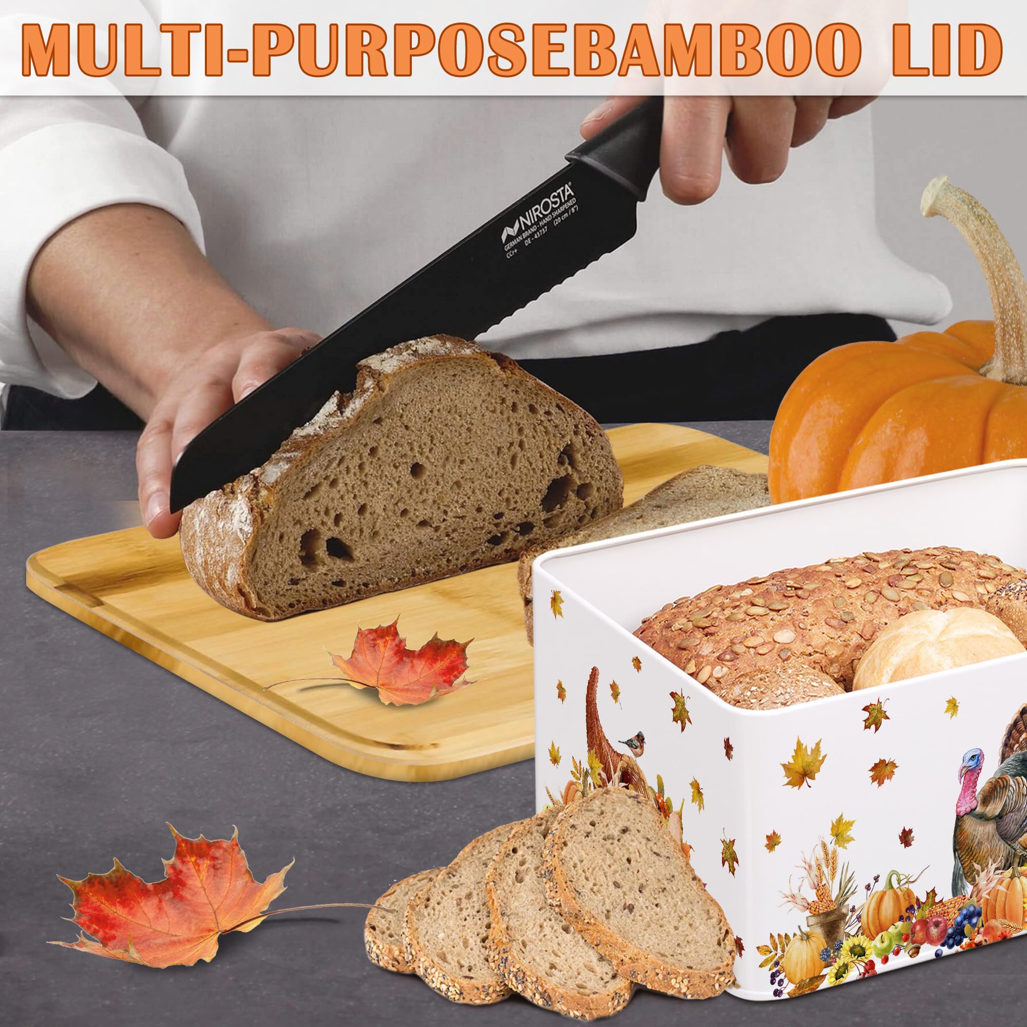 Thanksgiving Decorations, Turkey Thanksgiving Bread Box with Lid, Thanksgiving Bread Storage Kitchen Countertop Decor, Metal Farmhouse Rustic Home Bread Keeper Container Organizer 13"x8.3"x5.1"