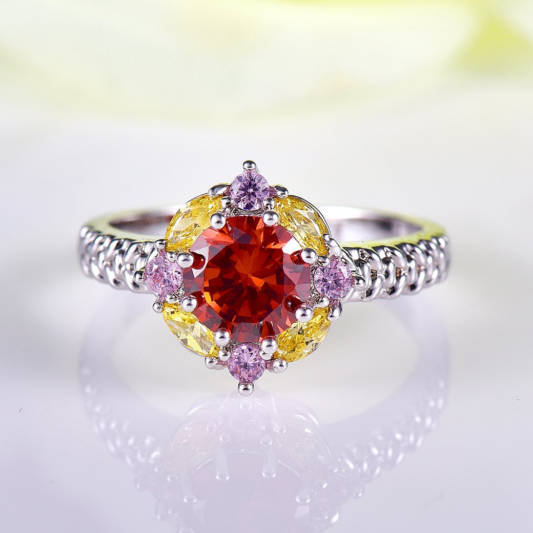Veunora Beautiful Flower Design Silver Plated Created-Garnet Cubic Zirconia Filled Ring for Women (Z-Red & Yellow & Pink, 8)