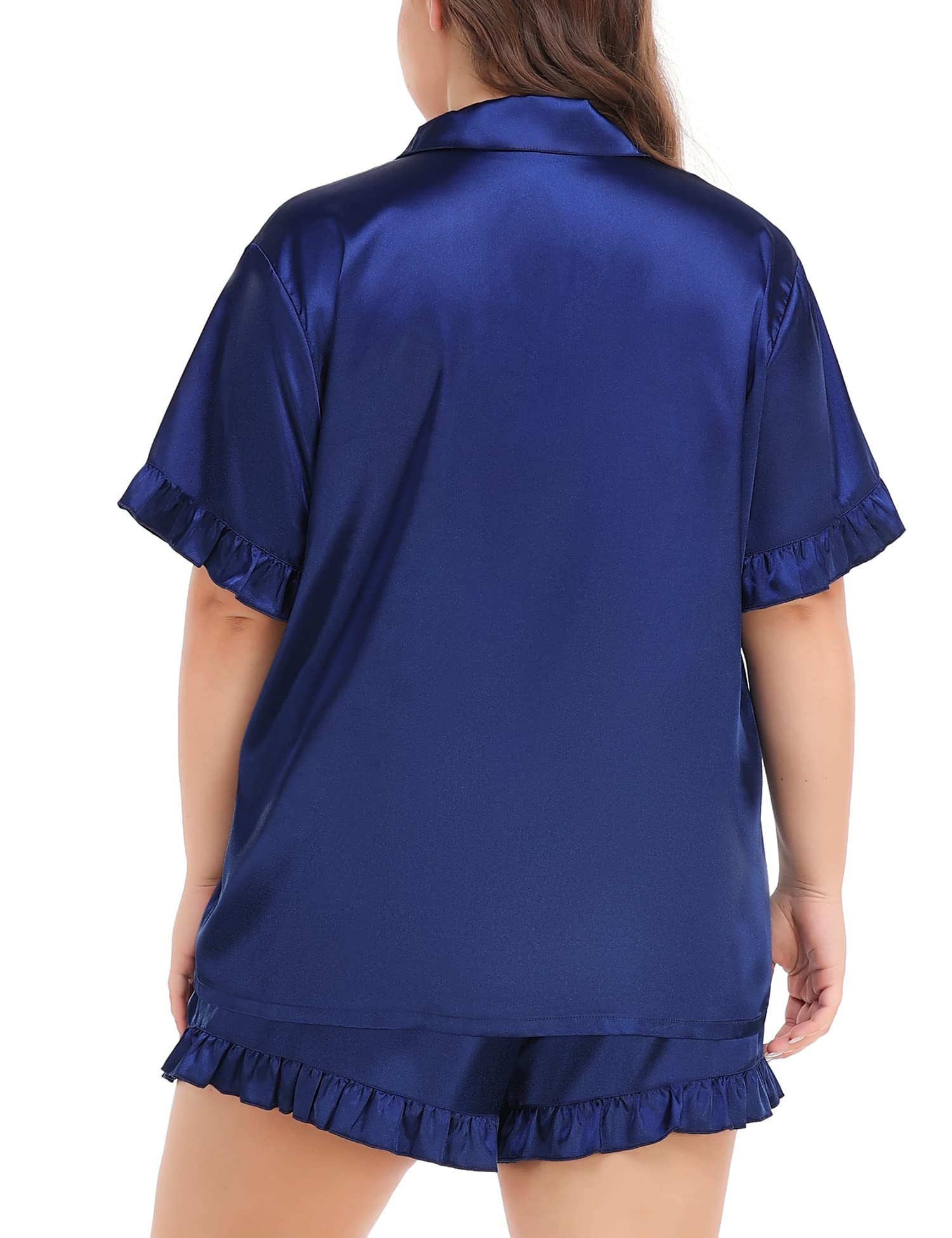 SWOMOG Womens Plus Size Pajamas Satin Silk Short Sleeve Pjs Sets Ruffle Shorts Plus 2 Piece Sleepwear Summer Pj with Pocket Navy Blue