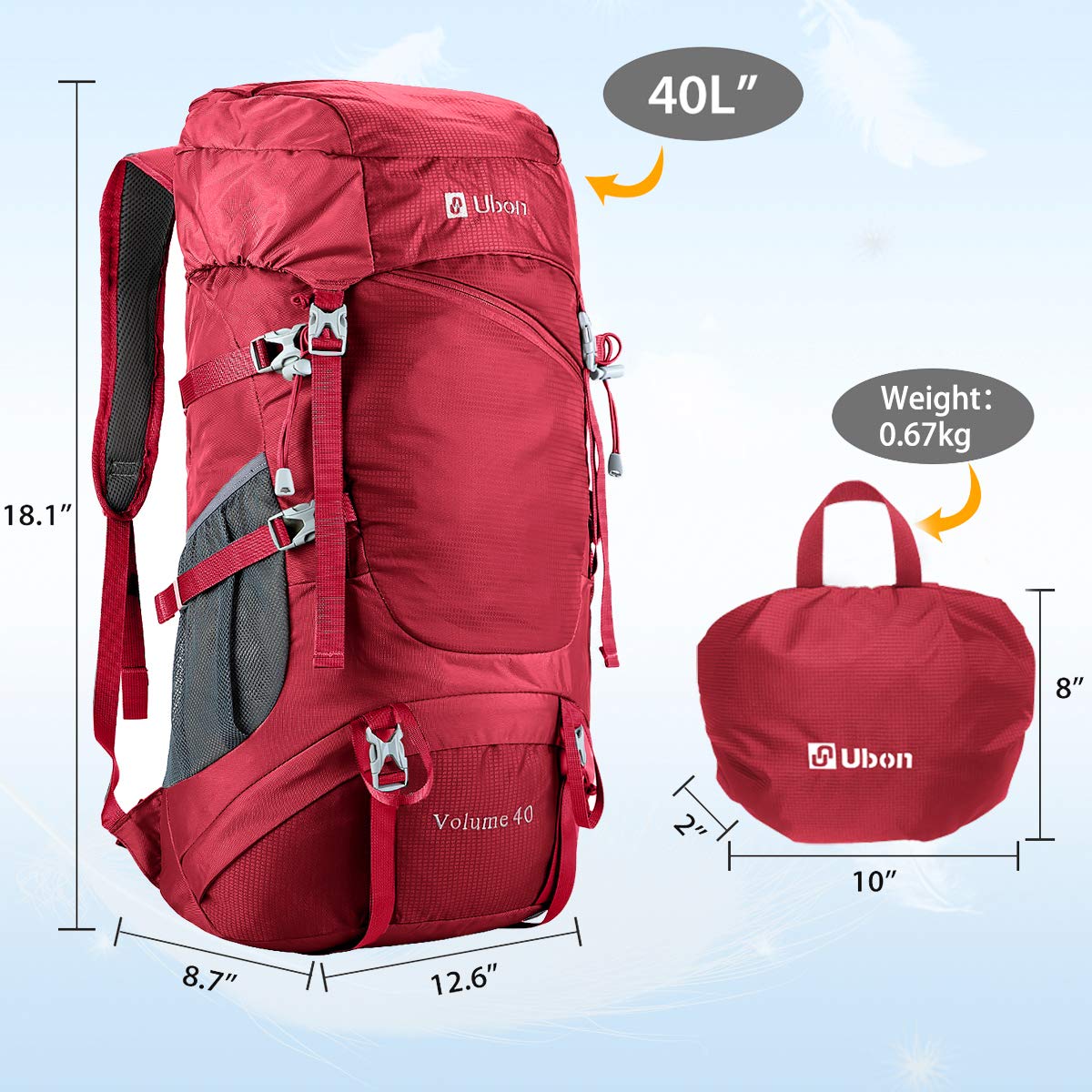 Ubon 40L Packable Backpack Lightweight Water Resistant Daypack Ultralight Foldable Backpack Fits Women Men for Hiking Travel Red