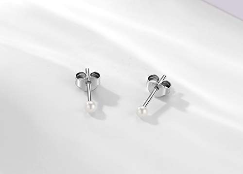 Sterling Silver Stud Earrings for Women- 3 Pairs of 2mm Tiny Pearl Earrings Set Cartilage Small Tragus Earrings Nose Lip Rings, Silver