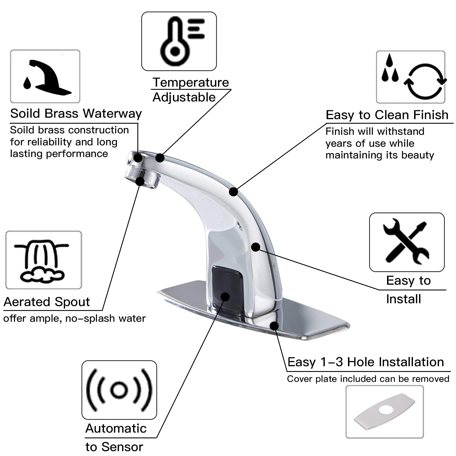 Touchless Bathroom Faucet Automatic Sensor with Hole Cover Plate Chrome Hands Free Vanity Sink Faucets with Control Box and Temperature Mixer Bathroom Water Tap Commercial by BWE
